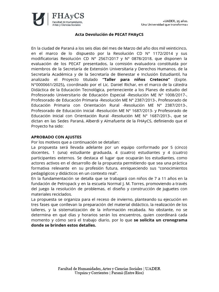 Acta Pecat Taller Creno Tecno Richar | PDF | Maestros | Evaluación