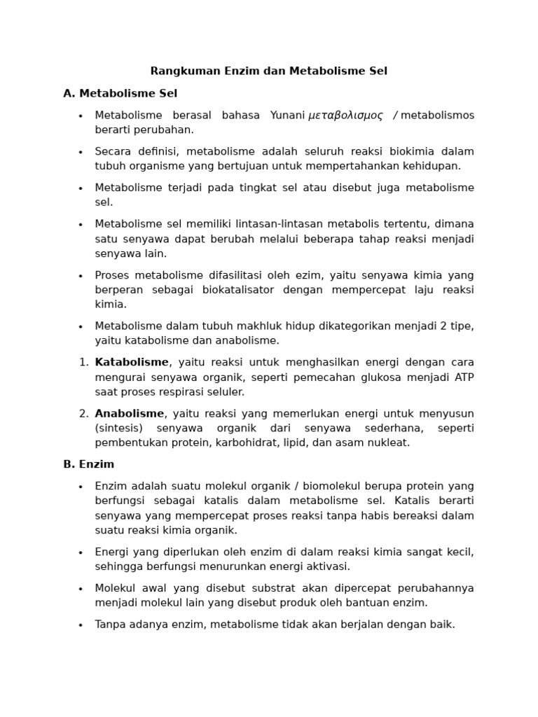 Rangkuman Enzim Dan Metabolisme Sel | PDF