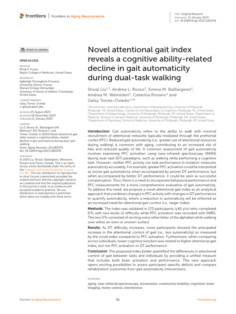 Novel Attentional Gait Index Reveals A Cognitive Ability-Related Decline in Gait Automaticity ...