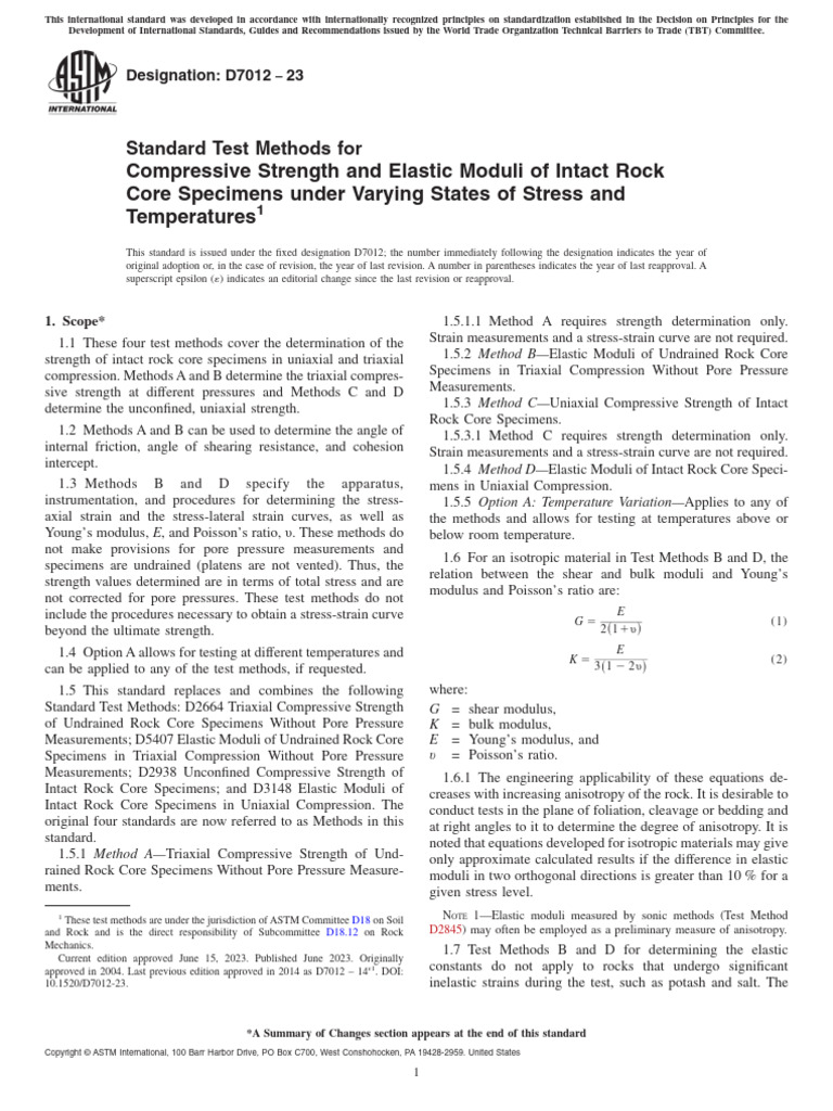 ASTM D7012-23: Rock Strength Testing Methods | PDF | Young's Modulus ...