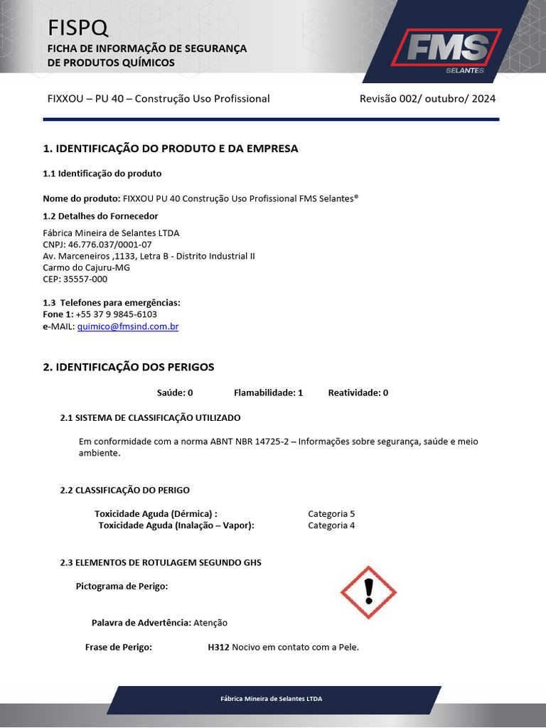 FISPQ FIXXOU PU 40 - Segurança Química | PDF | Incêndios