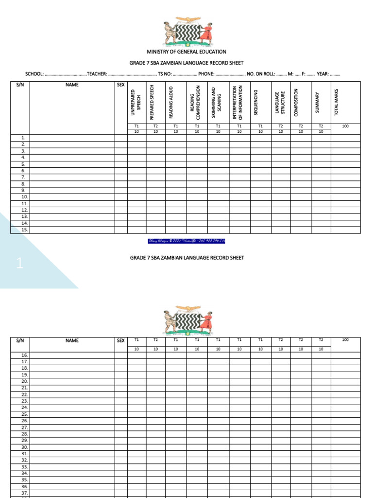 Grade 7 Sba Zambian Languages Record Sheet | PDF | Reading (Process ...