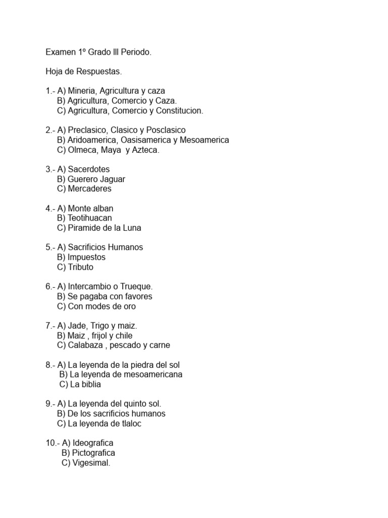 Hoja de Respuestas 1º LLL Periodo.1.1 | PDF