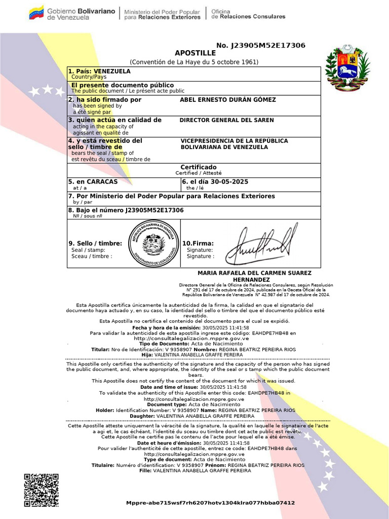 Apostilla Nacimiento - Valentina Anabella Graffe Pereira | PDF