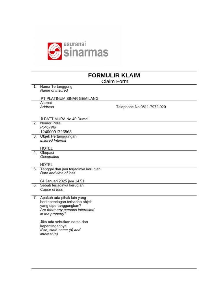 Form - Klaim Asuransi Sinarmas | PDF