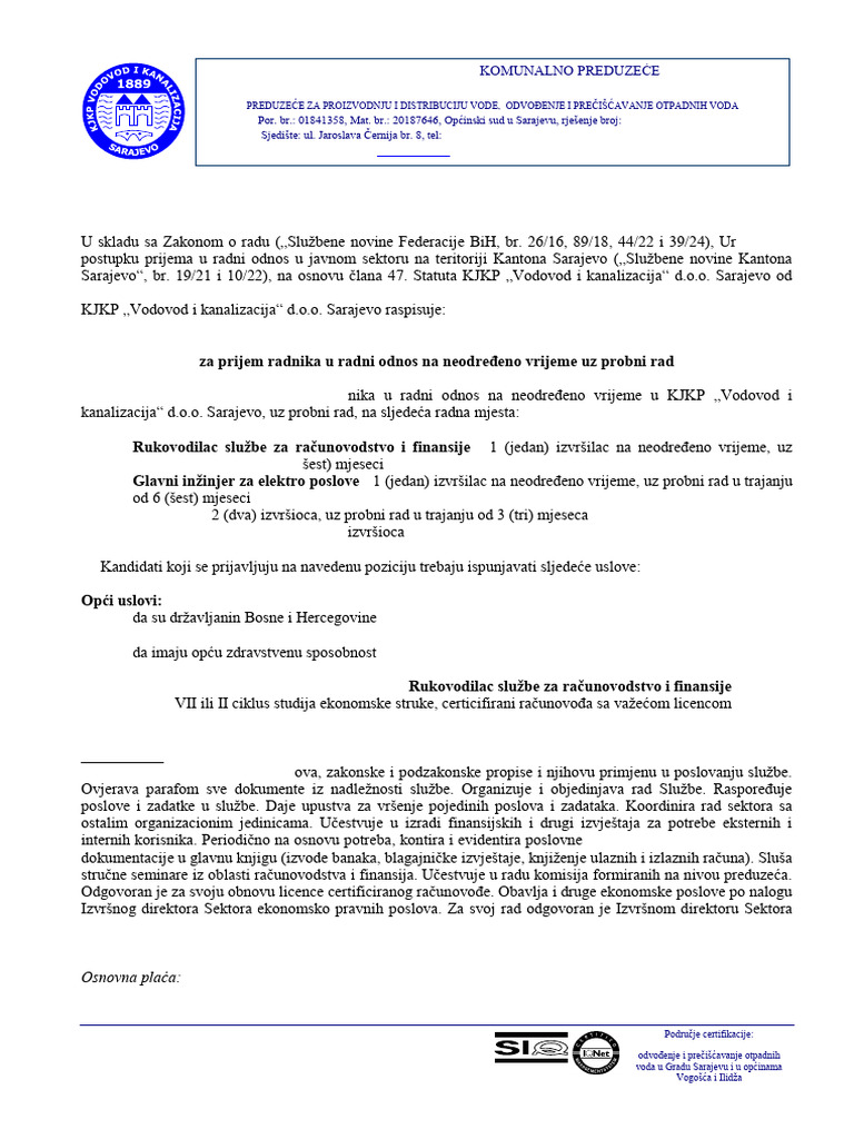 Javni Oglas Na Neodređeno Vrijeme | PDF