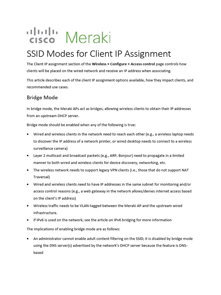 SSID Modes For Client IP Assignment | PDF | Computer Network | Ip Address