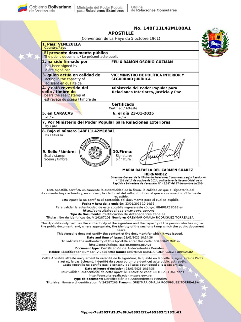 Apostilla Antecedente 24287203 - Greymar Omalia Rodriguez Torrealba | PDF