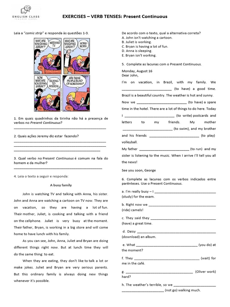 Present Continuous Exercises and Comic Strip | PDF