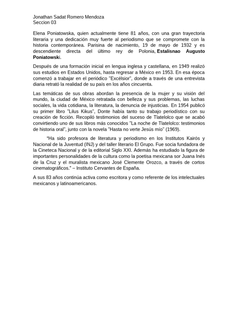 Biografía de Elena Poniatowska | PDF
