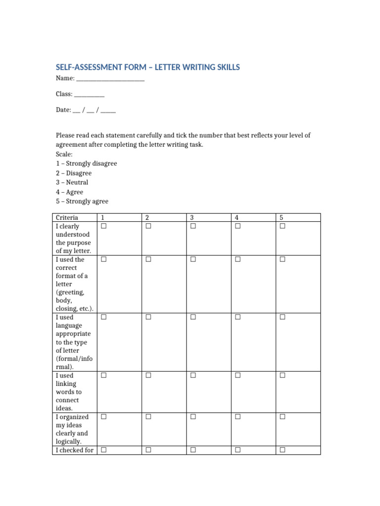 Letter Writing Self Assessment Form | PDF