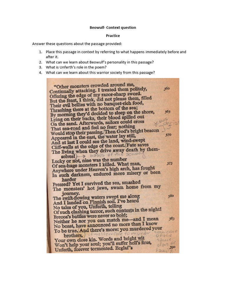 Beowulf Context Question Practice | PDF