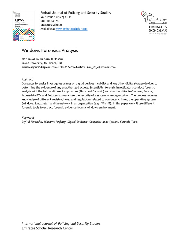 Windows Forensics Analysis: Emirati Journal of Policing and Security Studies | PDF | Digital ...