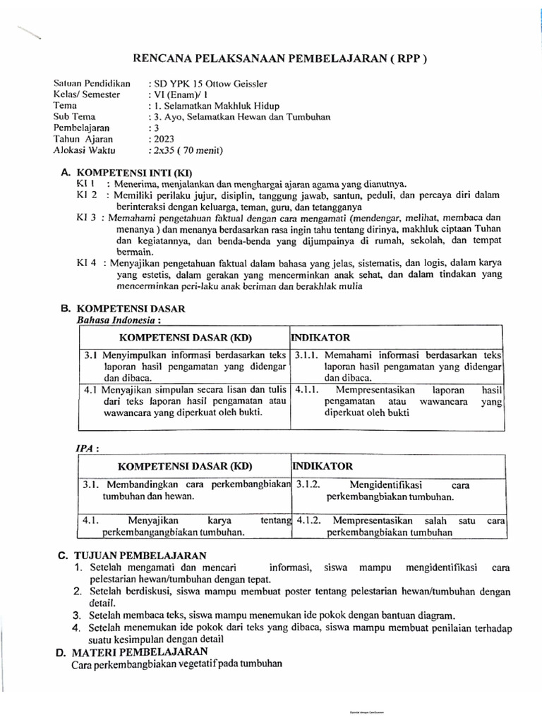 RPP Kelas 6 Semester 1....... | PDF