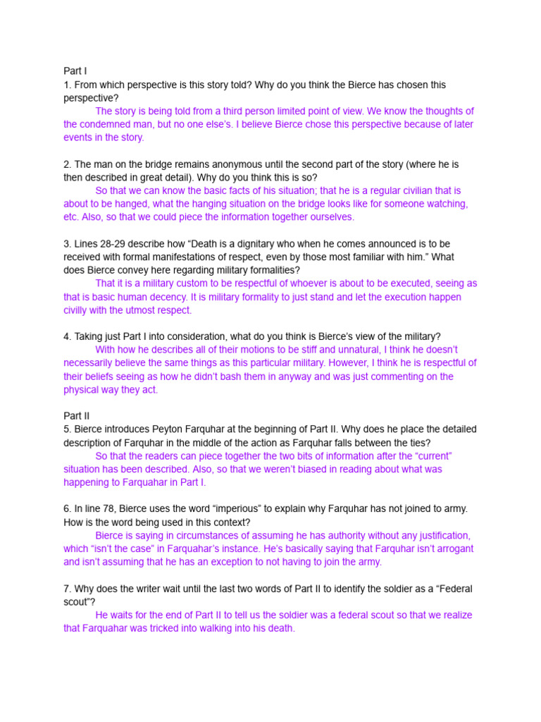 An Occurrence at Owl Creek Bridge (1891) Analysis Questions | PDF