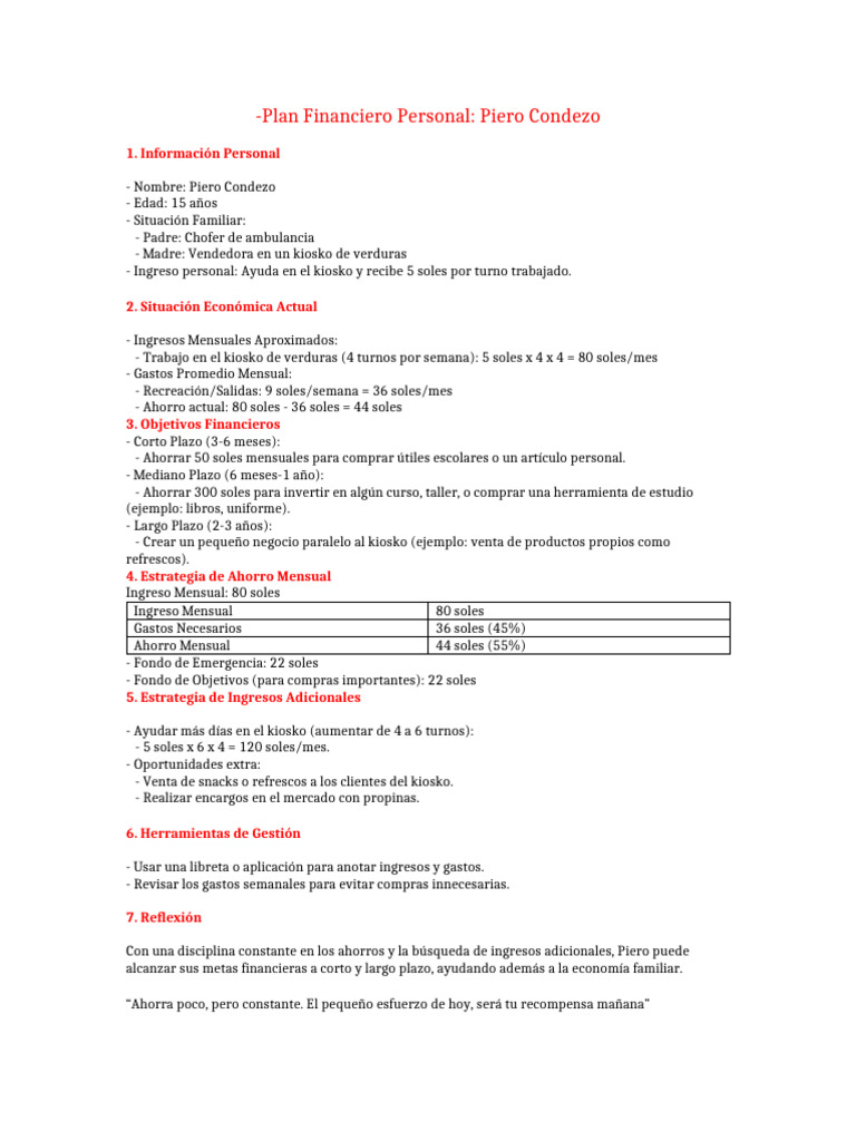 Plan Financiero Personal | PDF