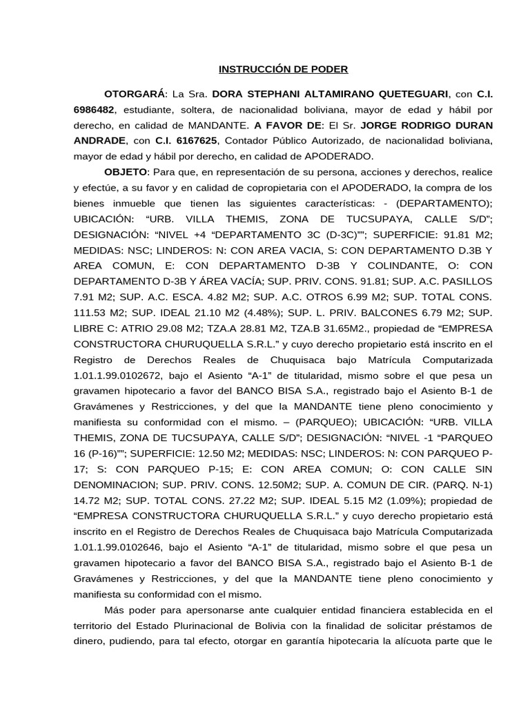 Instrucción de Poder para Compra de Inmueble | PDF