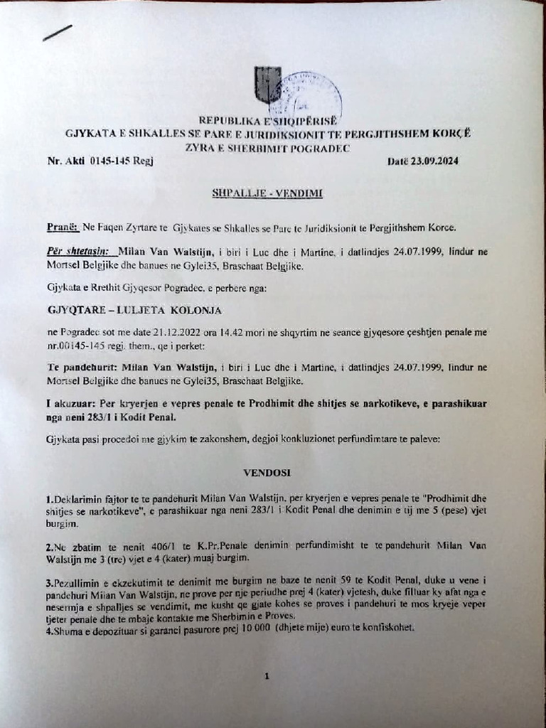 Shpallje Vendimi Per Shtetasin Milan Van Walstijn | PDF