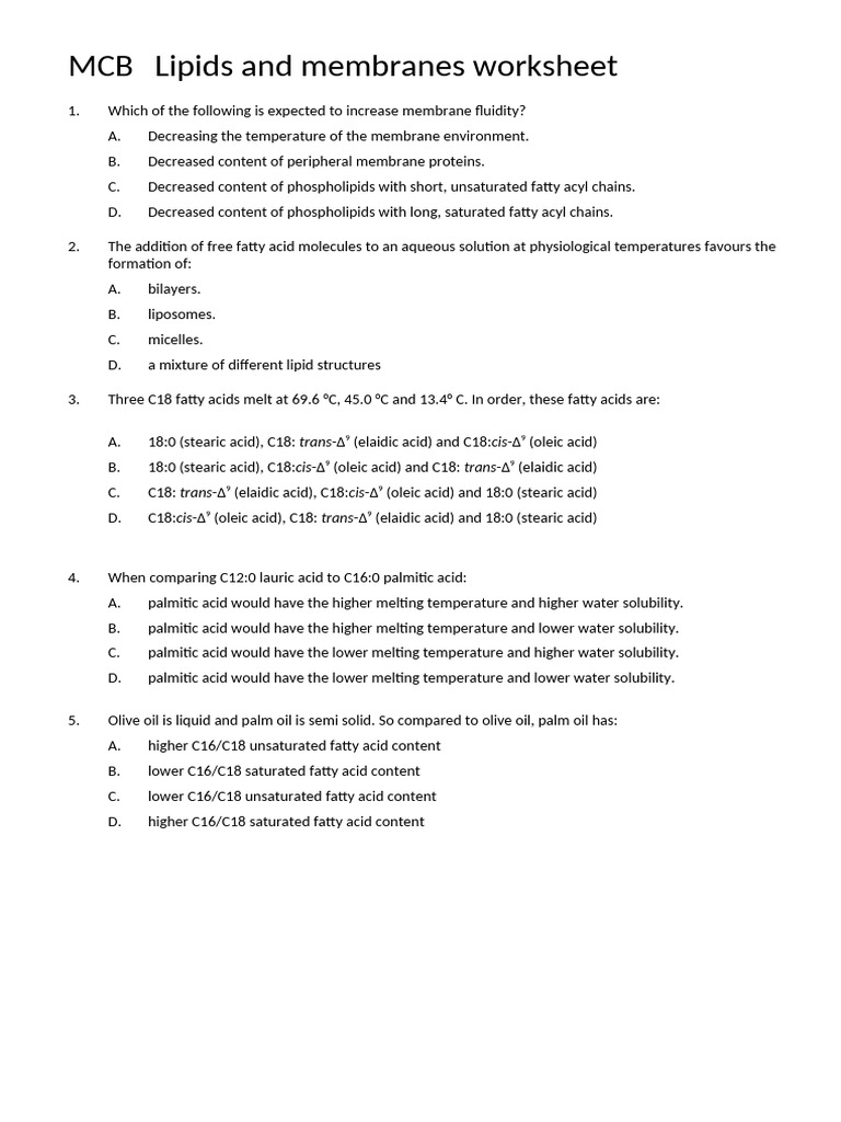 Lipids and membranes worksheet | PDF | Cell Membrane | Fatty Acid