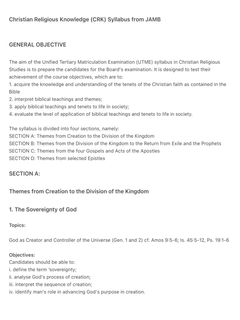 Christian Religious Knowledge (CRK) Syllabus From JAMB | PDF | Books Of ...