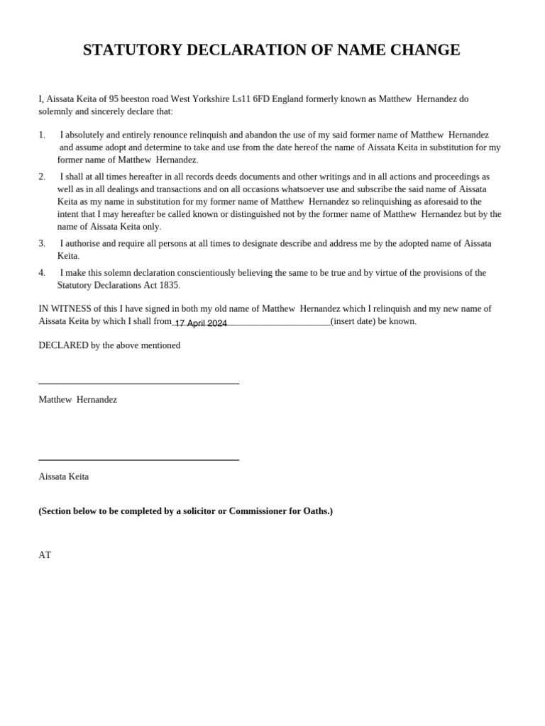 Statutory Declaration of Name Change | PDF