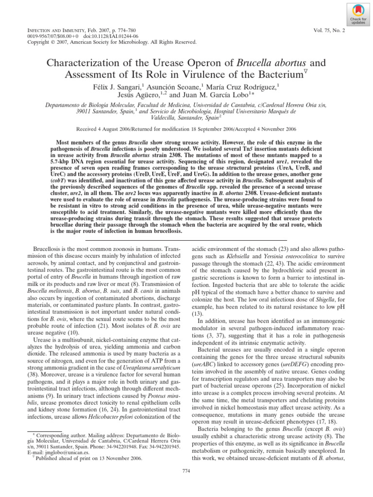 Sangari Et Al Characterization of The Urease Operon of Brucella Abortus ...