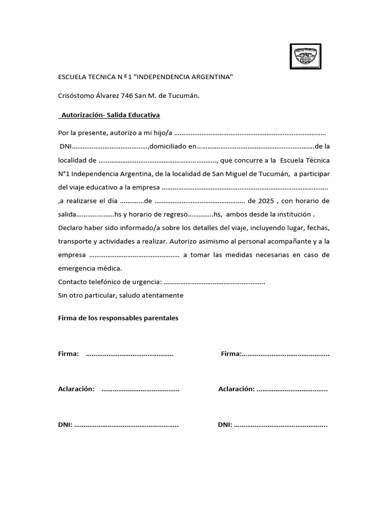 PDF Nota Autorizacion Padres Salida Scania | PDF