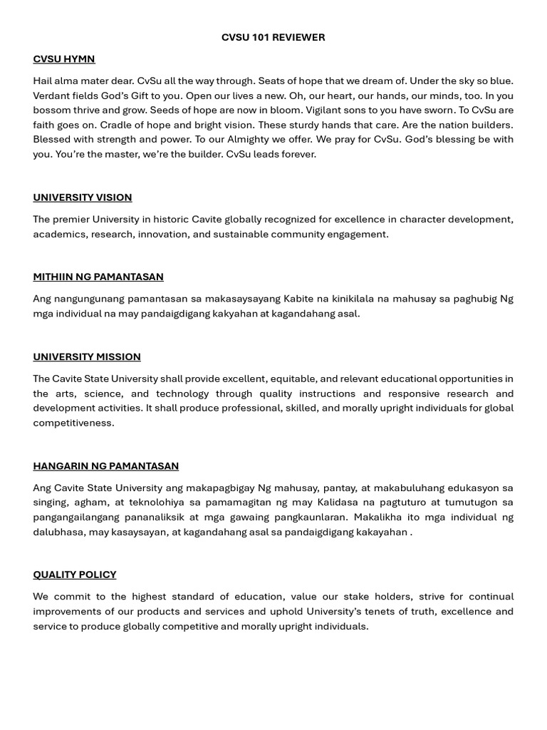 Cvsu 101 Reviewer Cvsu Hymn | PDF