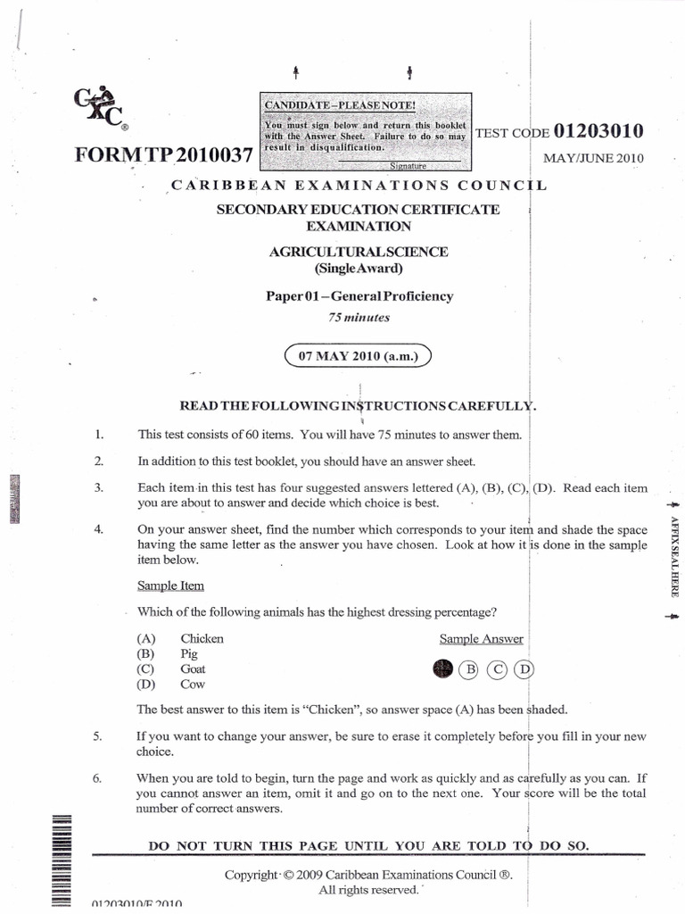 CSEC AgriSci SA MayJune Paper 1 2010 | PDF