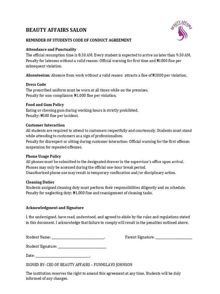 Student Code of Conduct Agreement | PDF