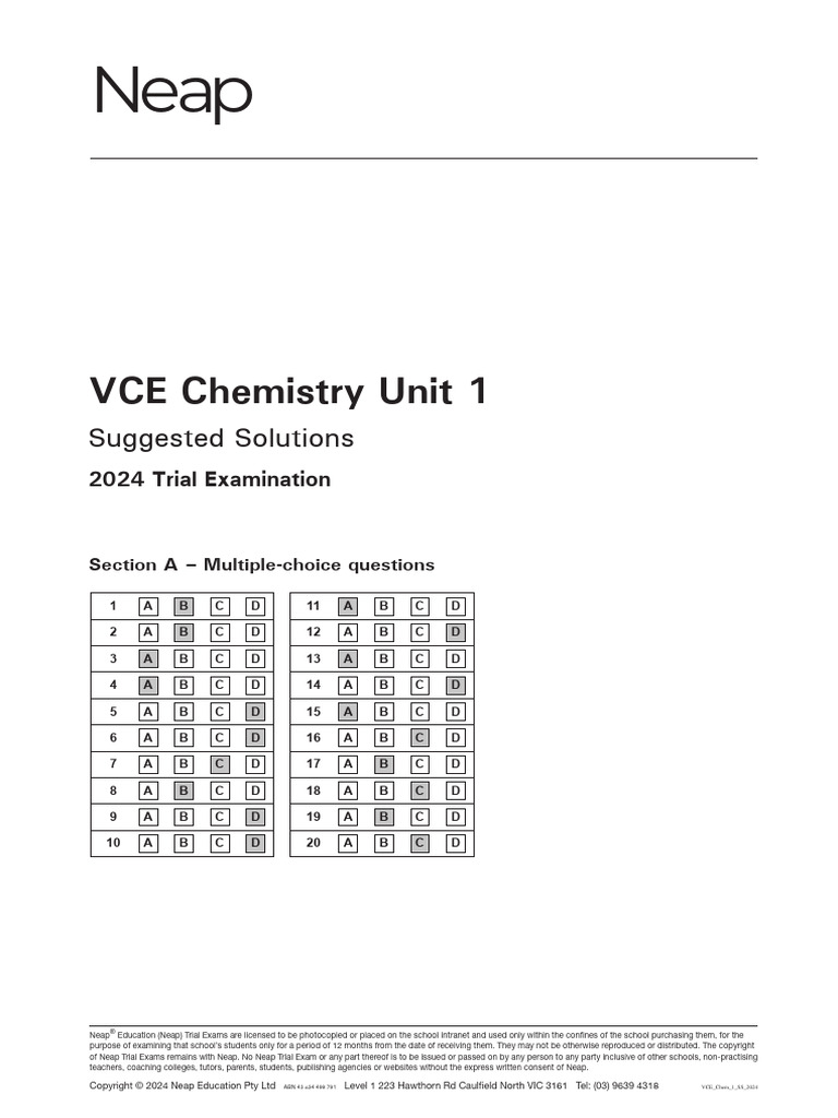 VCE Chemistry Unit 1 Suggested Solutions Booklet 2024 | PDF | Chemical Bond | Ion