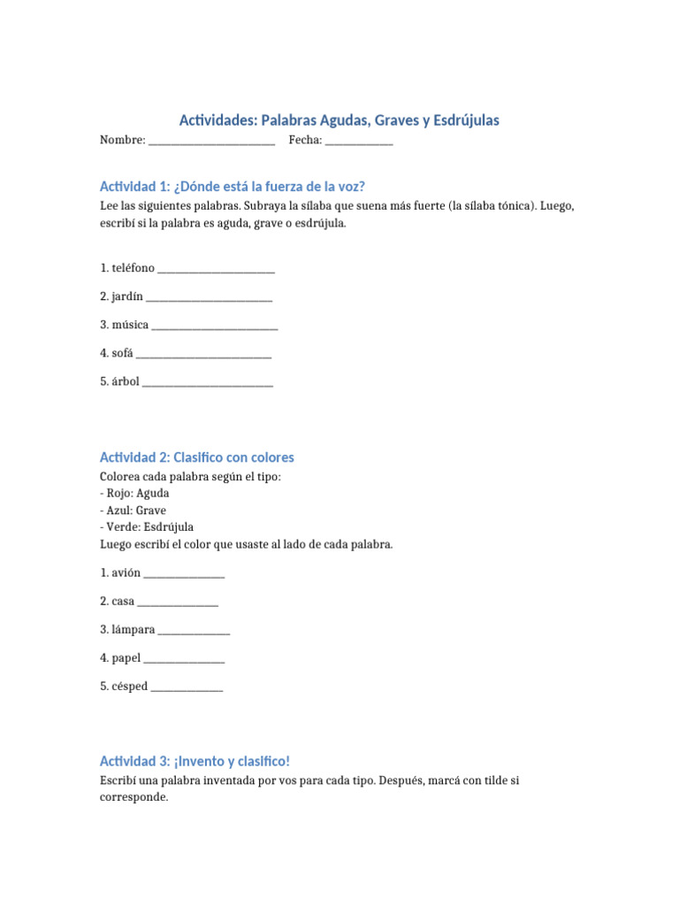 Actividades - Agudas, Graves y Esdrújulas | PDF