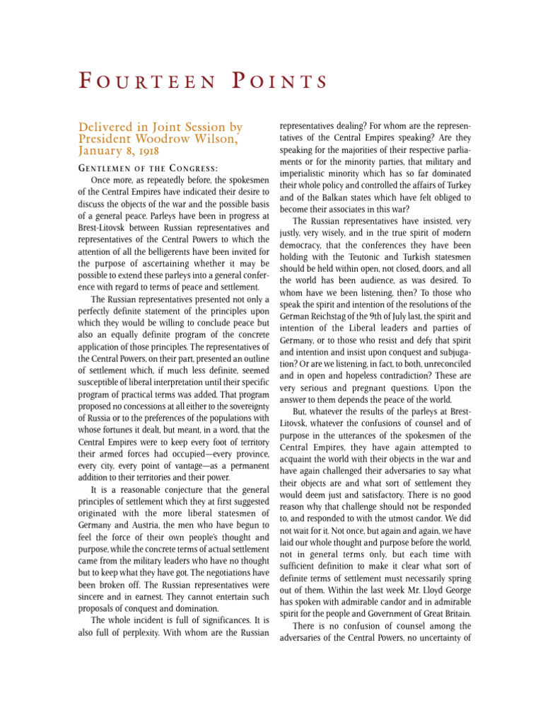 1 - Woodrow Wilson (1918) Fourteen Points | PDF | Peace
