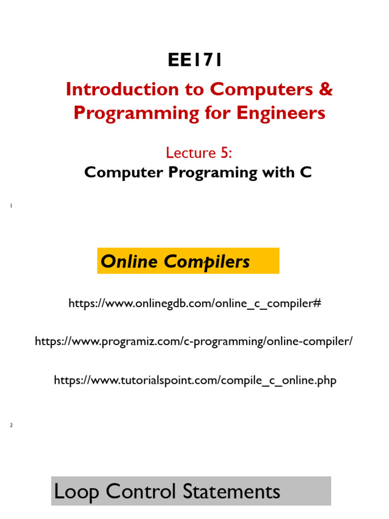 EE171 Lecture 5 Programming in C | PDF | Control Flow | Computer Engineering