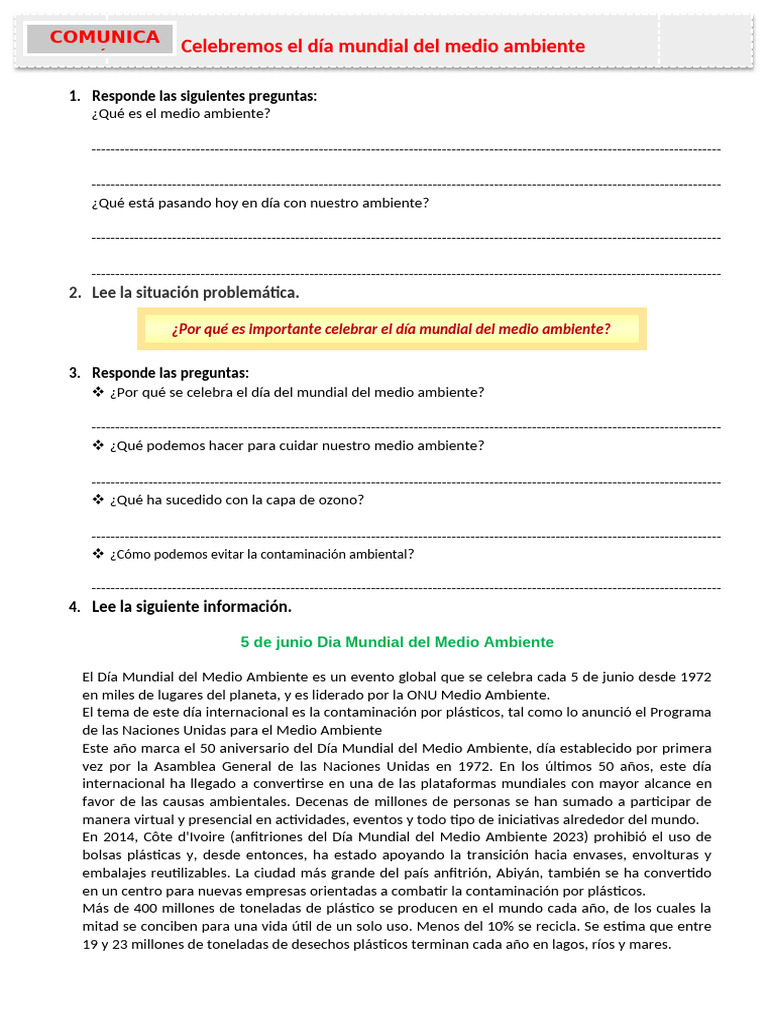 D3 A3 FICHA COM - Celebremos El Día Mundial Del Medio Ambiente | PDF ...