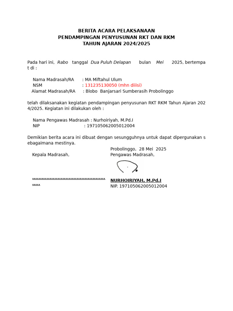 Berita Acara Pelaksanaa Ma Miftahul Ulum | PDF