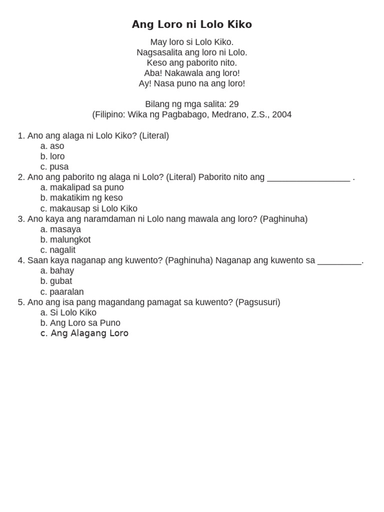 Filipino Reading Materials With Comprehension | PDF