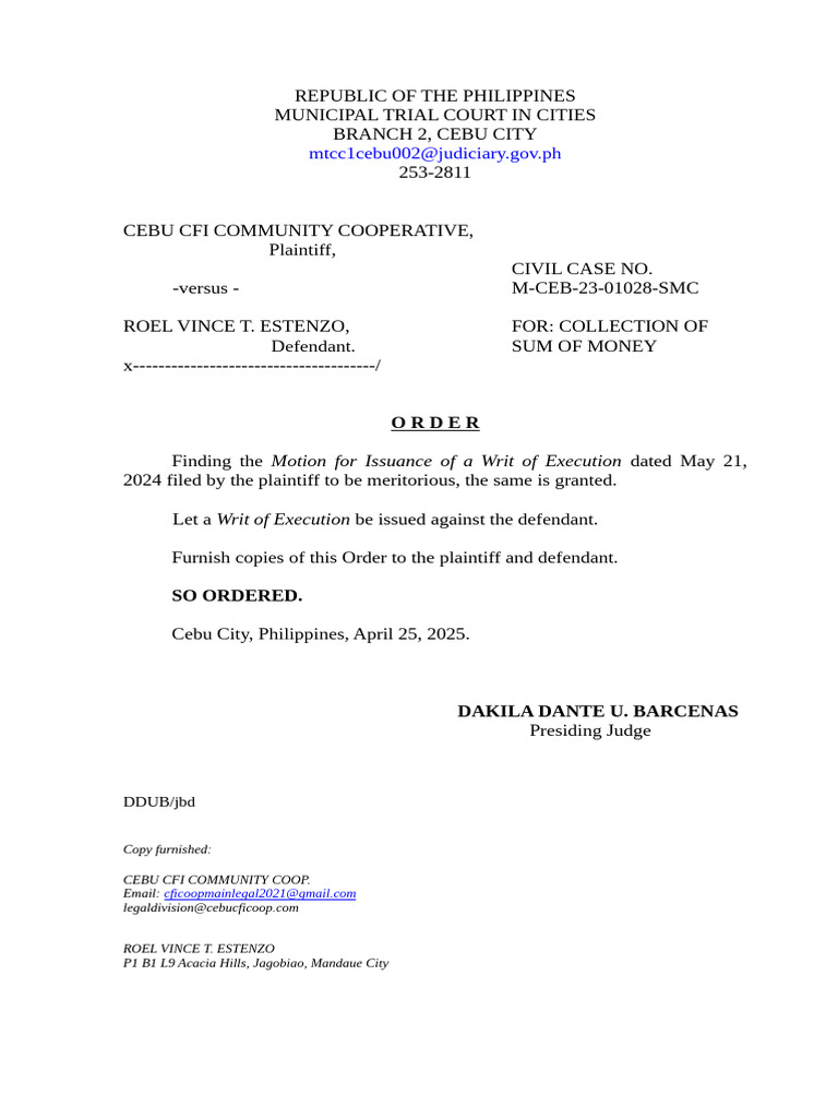 Execution (SMC Granted CFI) | PDF | Lawsuit | Legal Communication