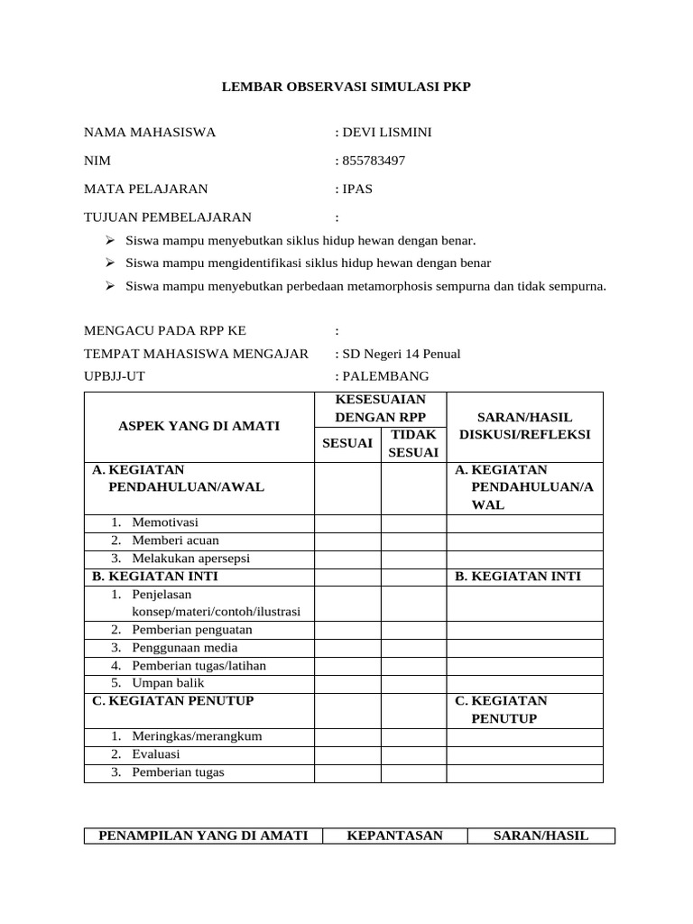 Lembar Observasi Simulasi PKP | PDF