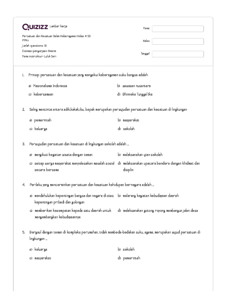 Persatuan Dan Kesatuan Dalam Keberagaman Kelas 4 SD PPKN - Quizizz | PDF