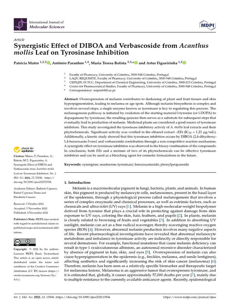 Synergistic Effect of DIBOA and Verbascoside From Acanthus Mollis Leaf On Tyrosinase ...