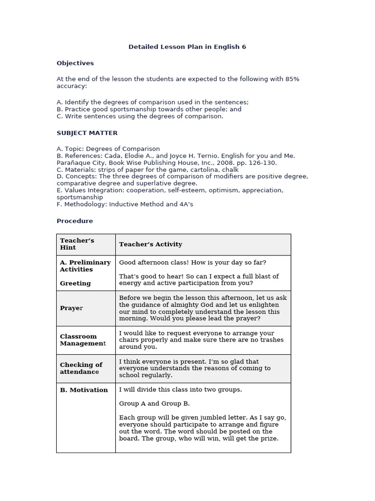 Sample Detailed Lesson Plan | PDF