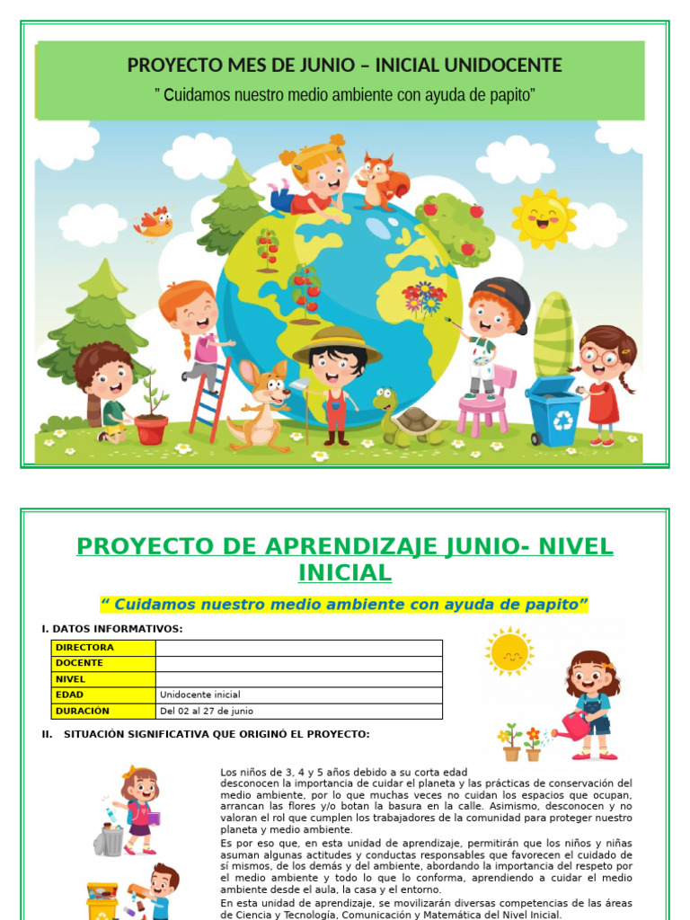 Proyecto de Aprendizaje Junio - Inicial Unidocente | PDF | Aprendizaje | Entorno natural