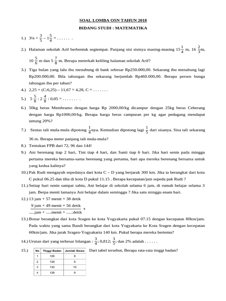 Soal Lomba Osn Matematika Tahun 2018 | PDF