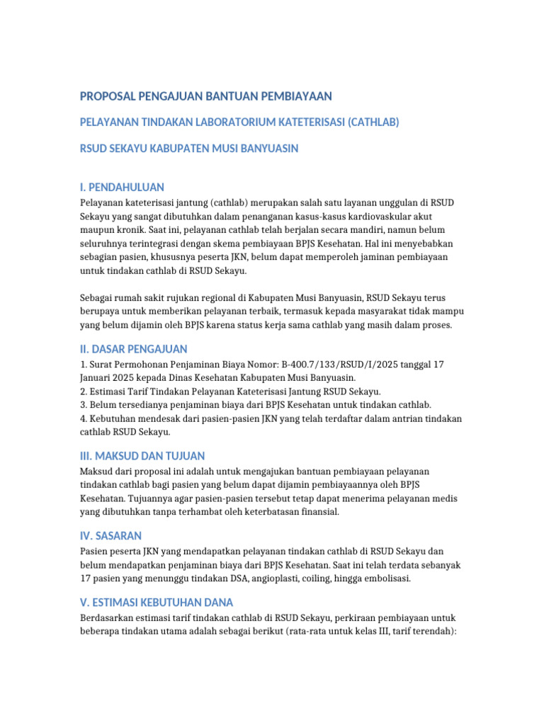 Proposal Bantuan Biaya Cathlab RSUD Sekayu | PDF