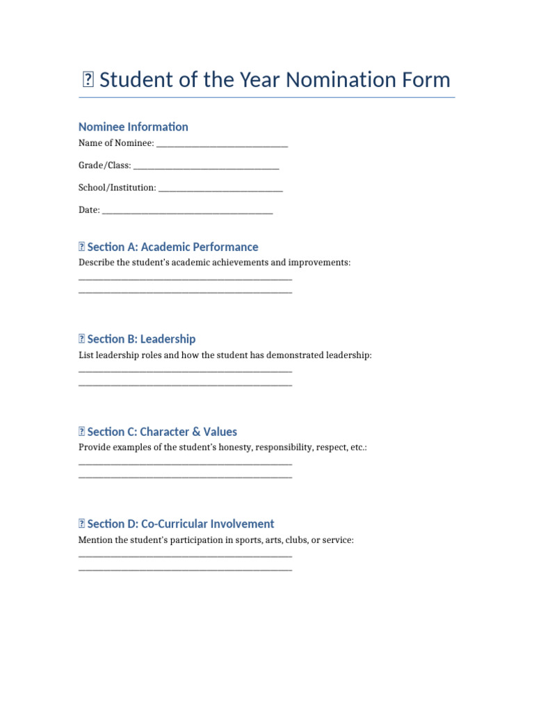 Student of the Year Nomination Form | PDF
