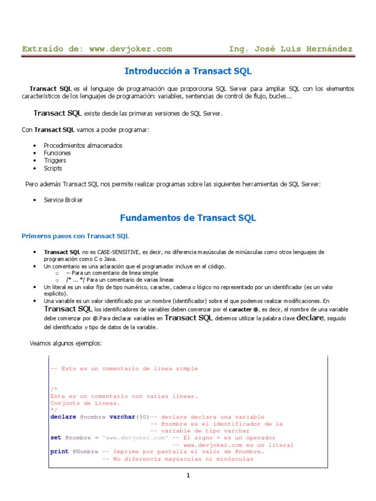Transact SQL | PDF | SQL | Lenguaje de programación