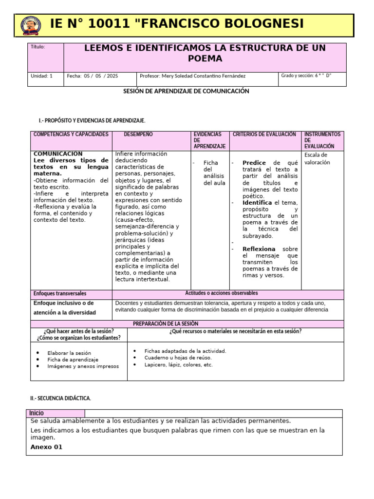 Sesión Com Leemos de la estructura de un poema Mery 2 | PDF ...