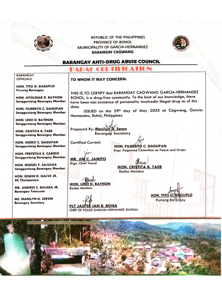 Brgy Cagwang BADAC Certification May 2025 | PDF