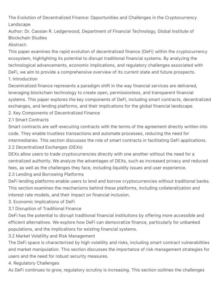The Evolution of Decentralized Finance - Opportunities and Challenges ...